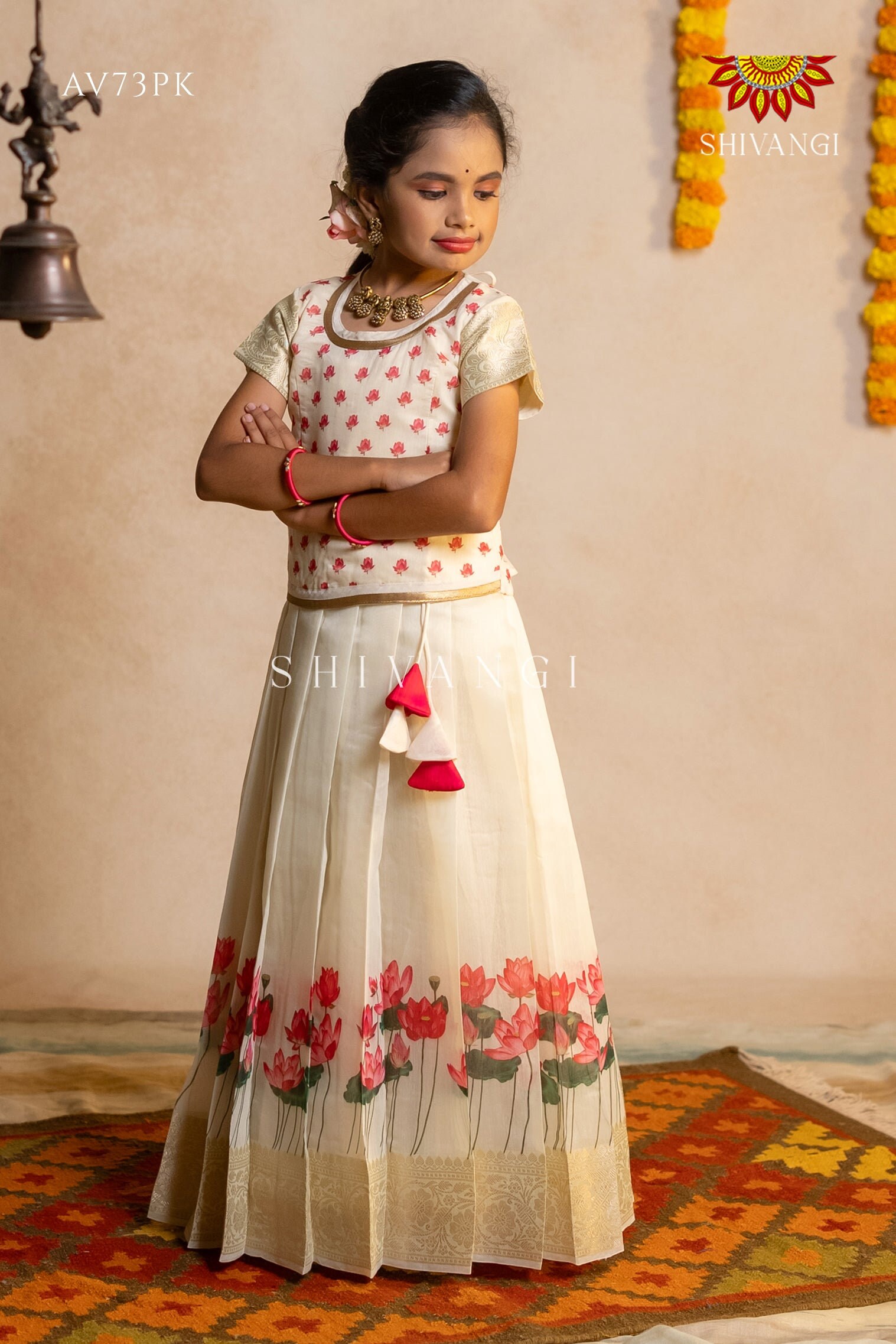 Onam Collection Half White Onam Pink Lotus Pattu Pavadai - Etsy