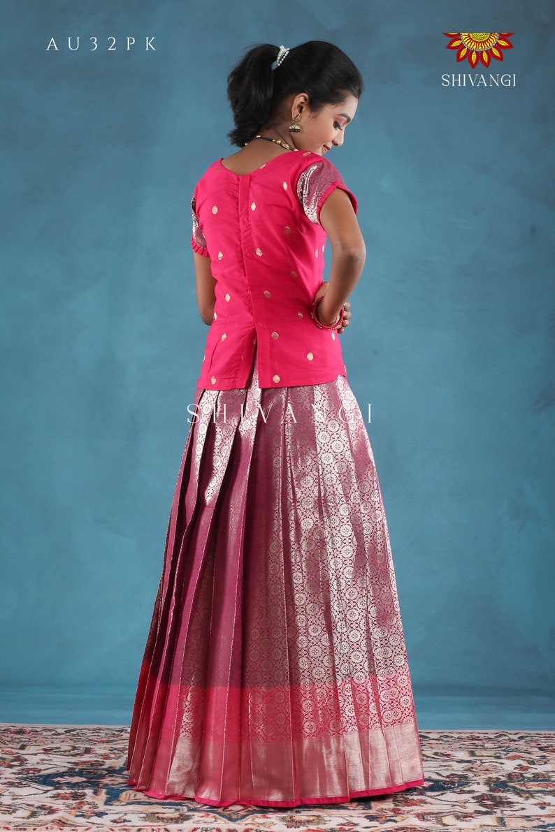 Pink Golden Aster Pattu Pavadai for Girls - Etsy