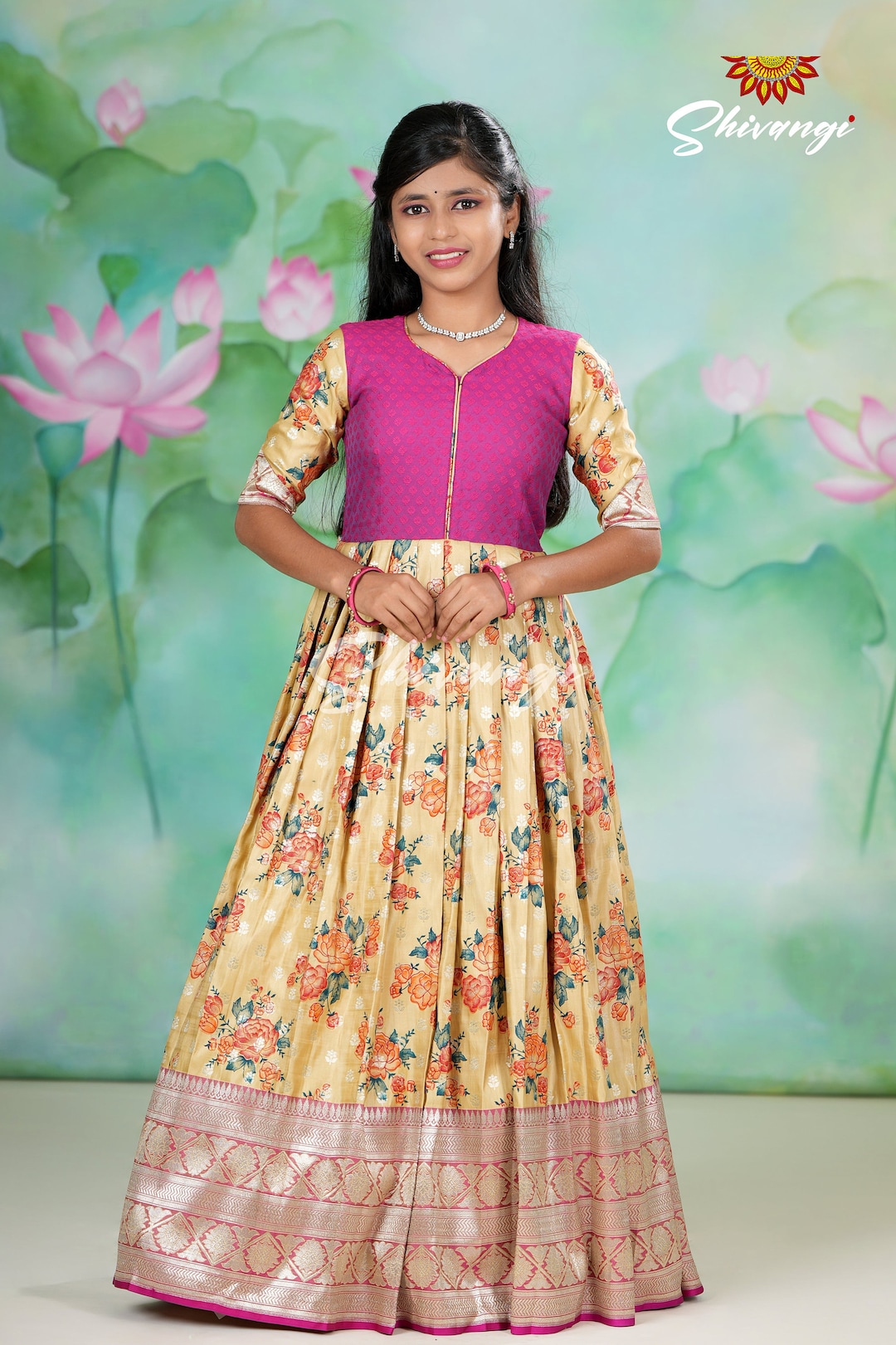 Sandle Satin Rose Bunch Pattu Long Gown for Girls - Etsy