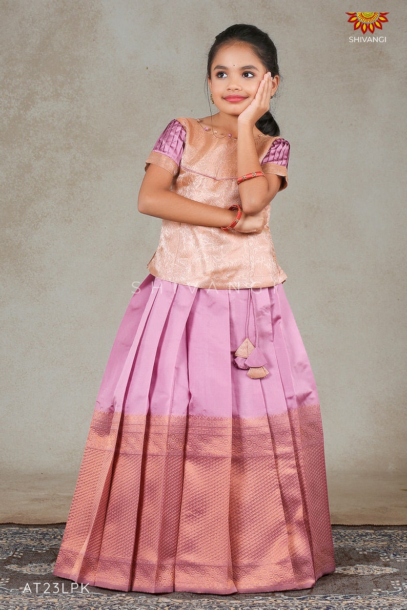 Shivangi Pink Metalic Honeycomb Pattu Pavadai for Girls - Etsy