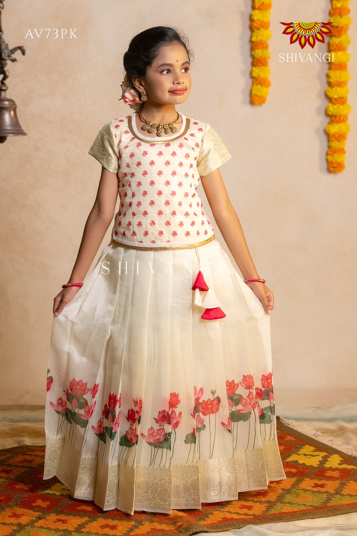 Onam Collection Half White Onam Pink Lotus Pattu Pavadai - Etsy