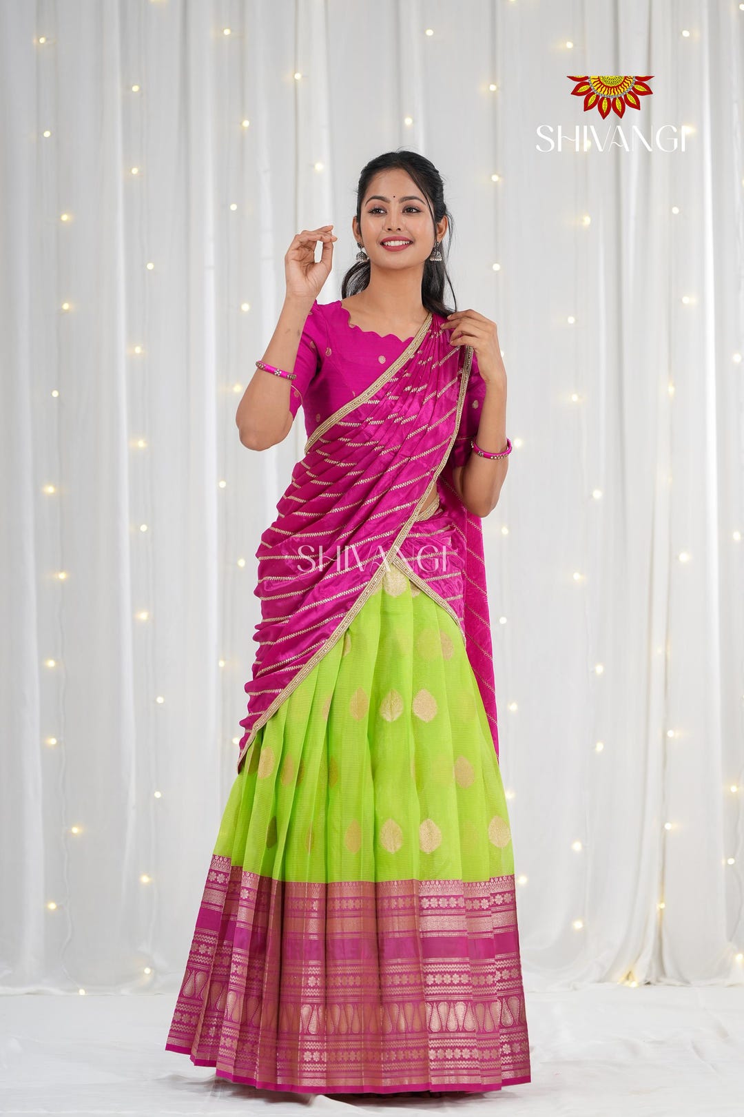 Shivangi Clothing Parrot Green Organza Rain Drop Traditional Half Saree ...