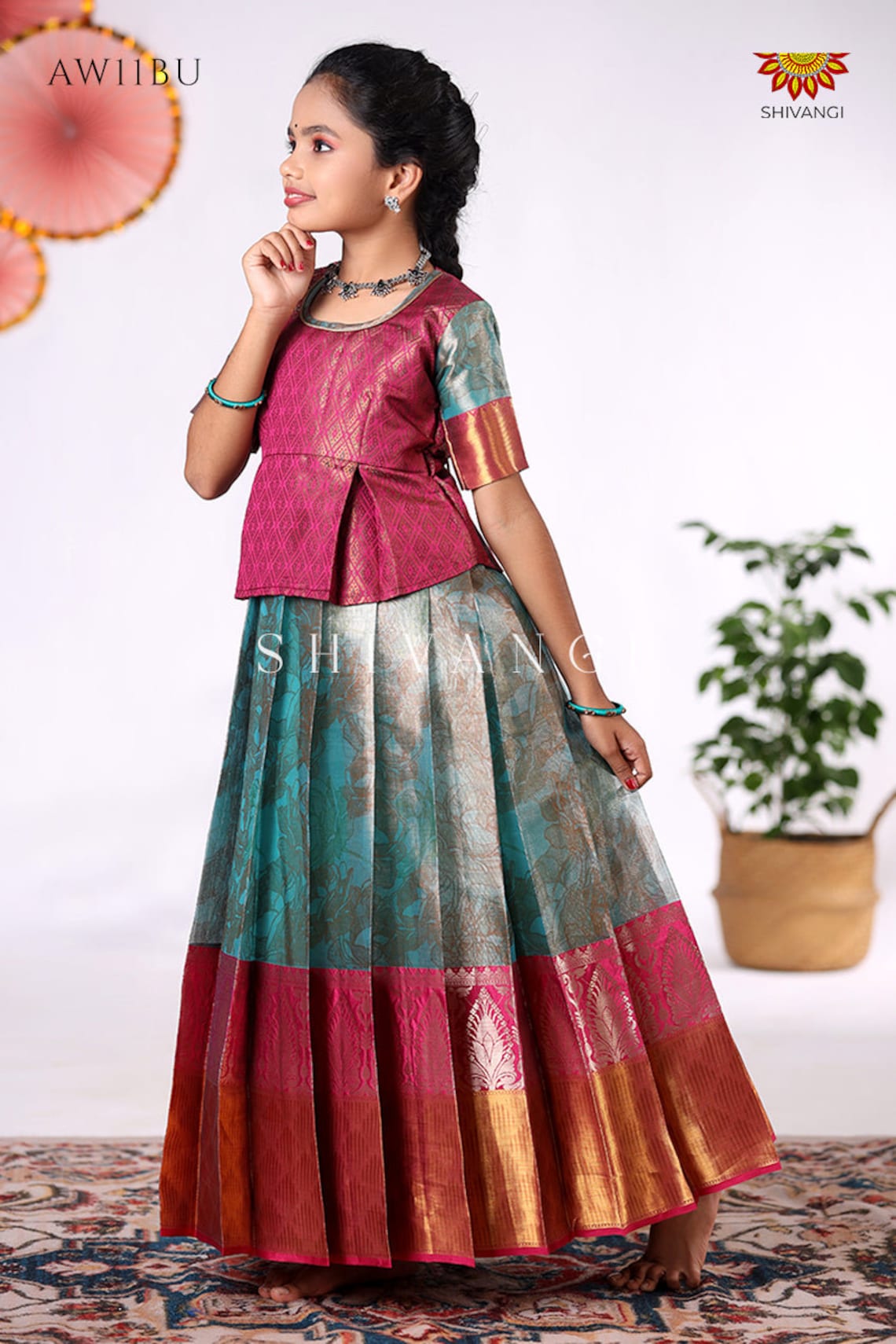 Girls Vintage Rose Pattu Pavadai in Blue Festive Wear - Etsy