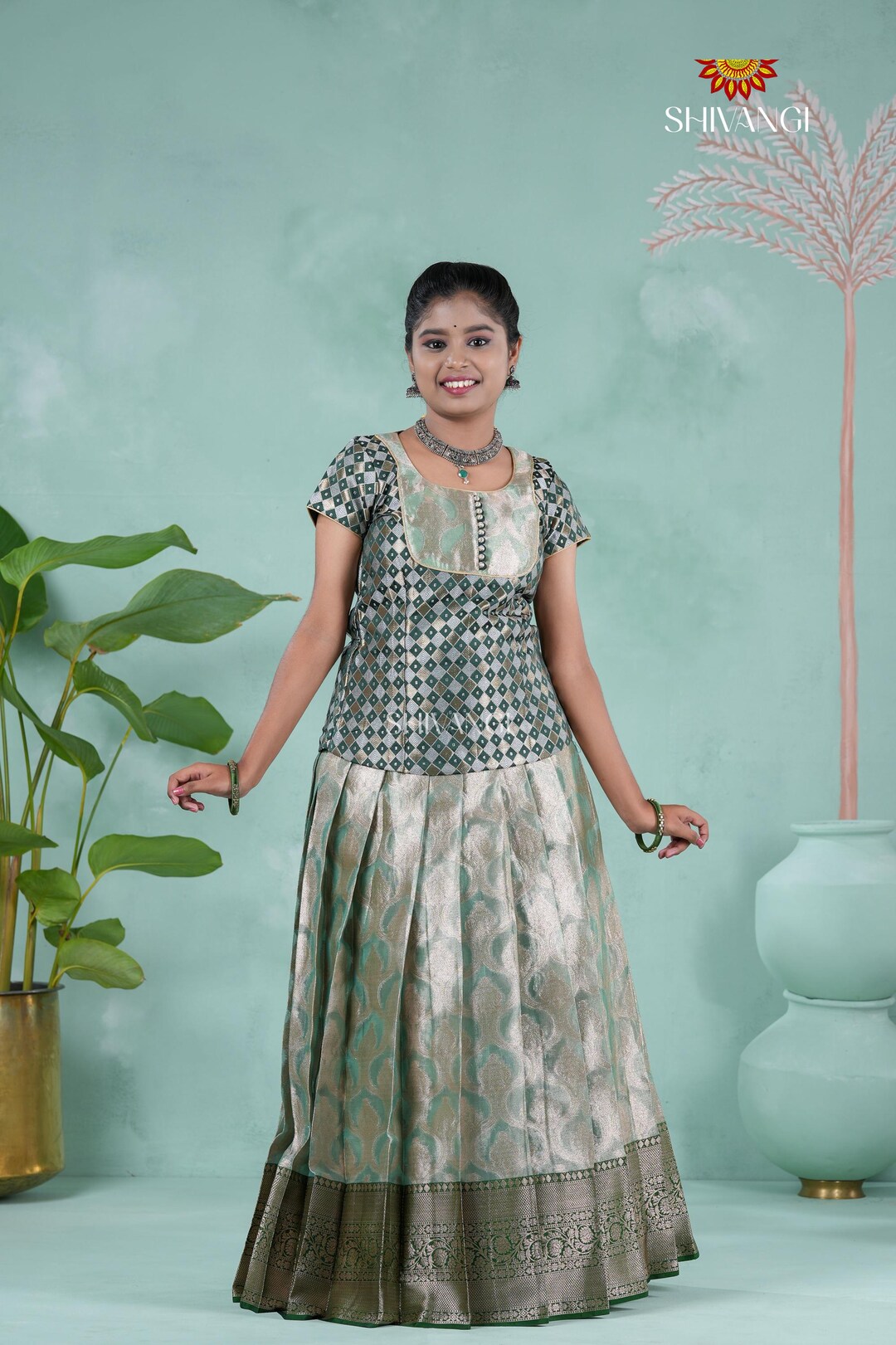 Shivangi Clothing Green Spiral Tree Alpha Traditional Pattu Pavadai for ...