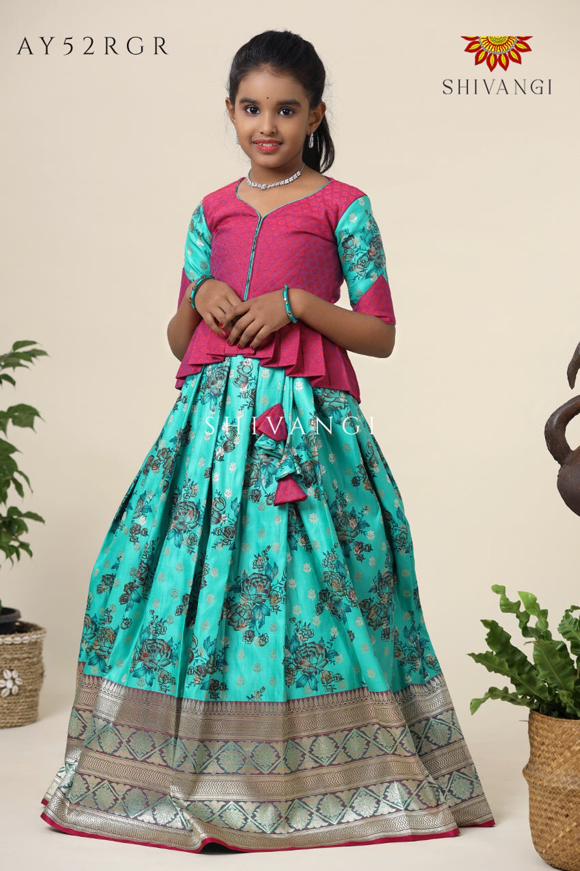 Satin Rose Bunch Pattu Pavadai for Girls Green Festive - Etsy