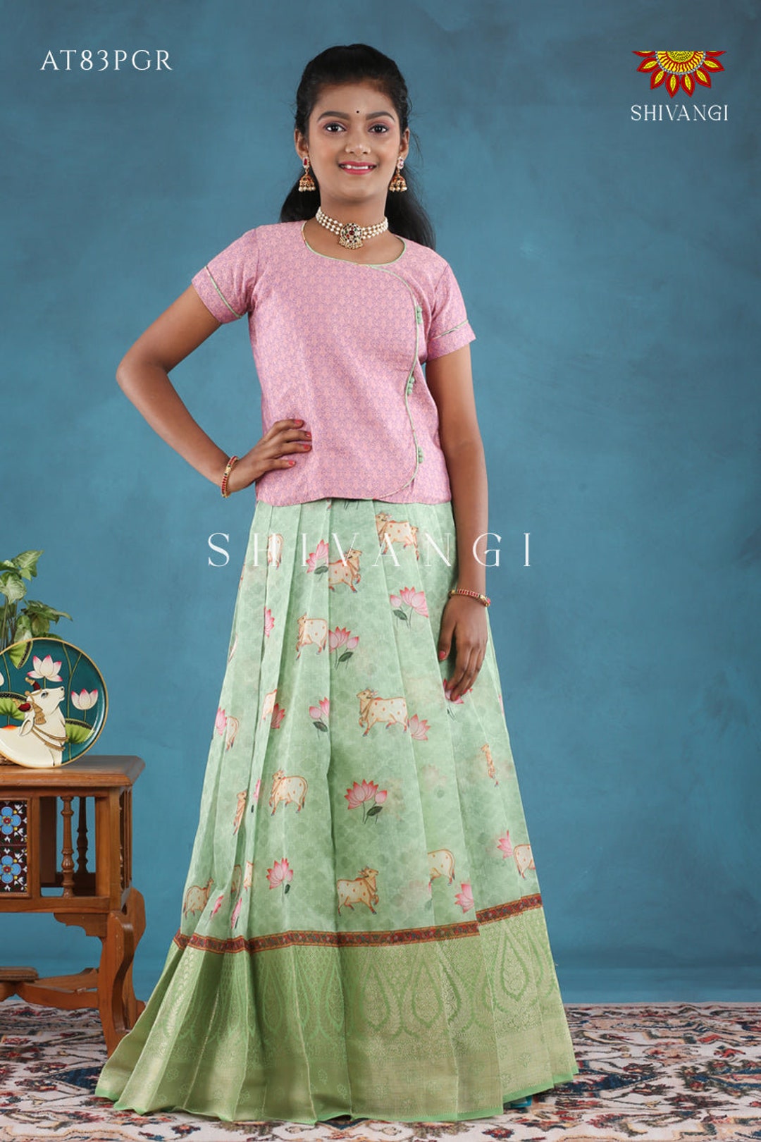 Parrot Green Pichwai Lotus Pattu Pavadai for Girls - Etsy