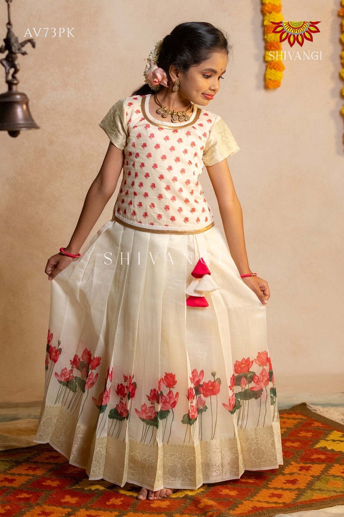 Onam Collection Half White Onam Pink Lotus Pattu Pavadai - Etsy