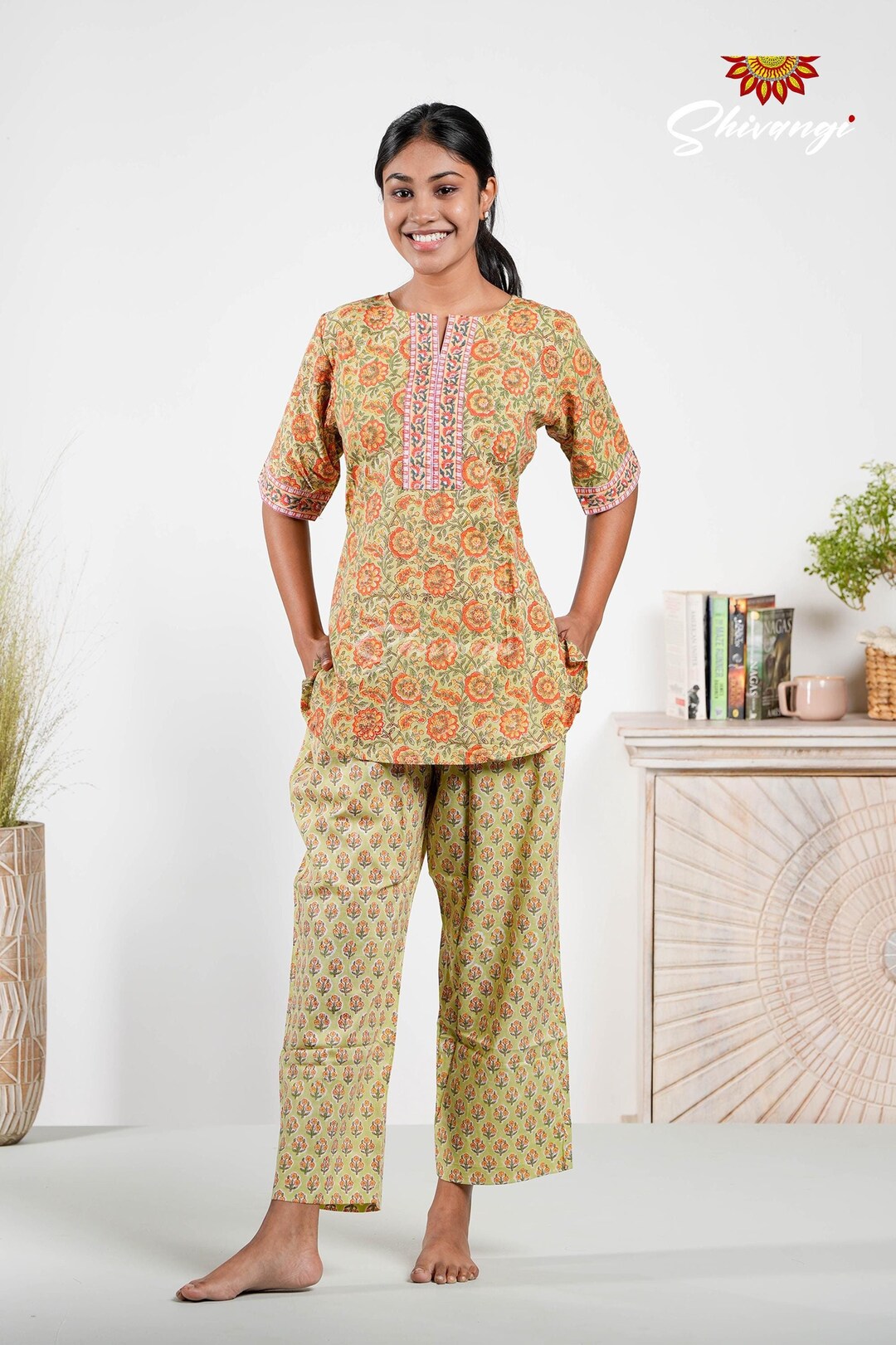 Shivangi Clothing Green and Orange Floral Print Cotton Night Wear Set ...