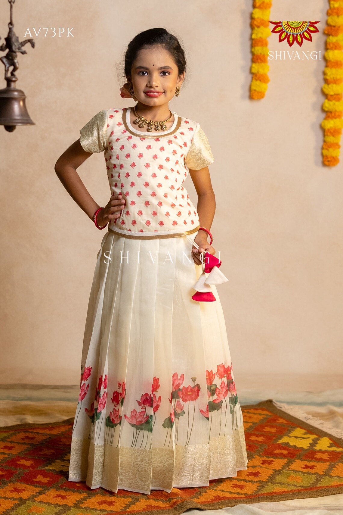 Onam Collection Half White Onam Pink Lotus Pattu Pavadai - Etsy