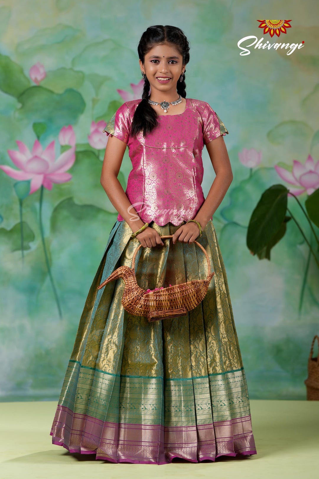 Shivangi Clothing Girls Green Potly Mango Designer Pattu Pavadai - Etsy