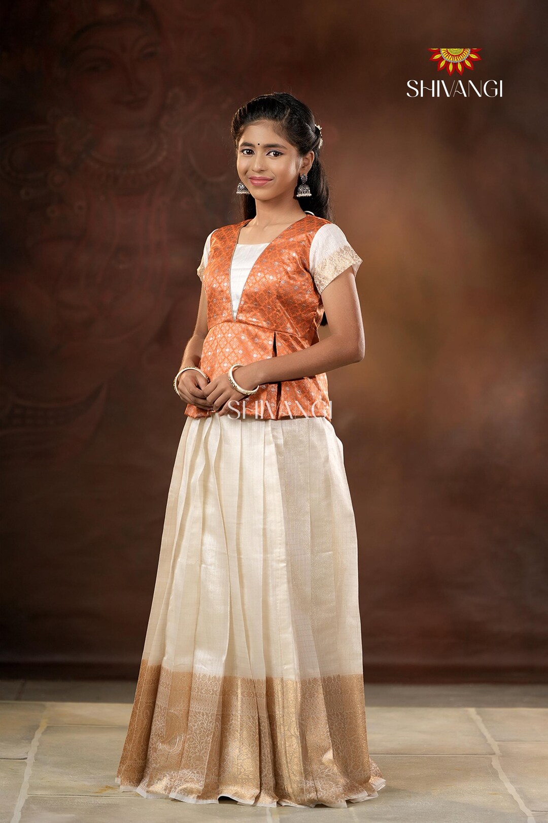 Onam Collection Orange Onam White Pattu Pavadai for Girls - Etsy