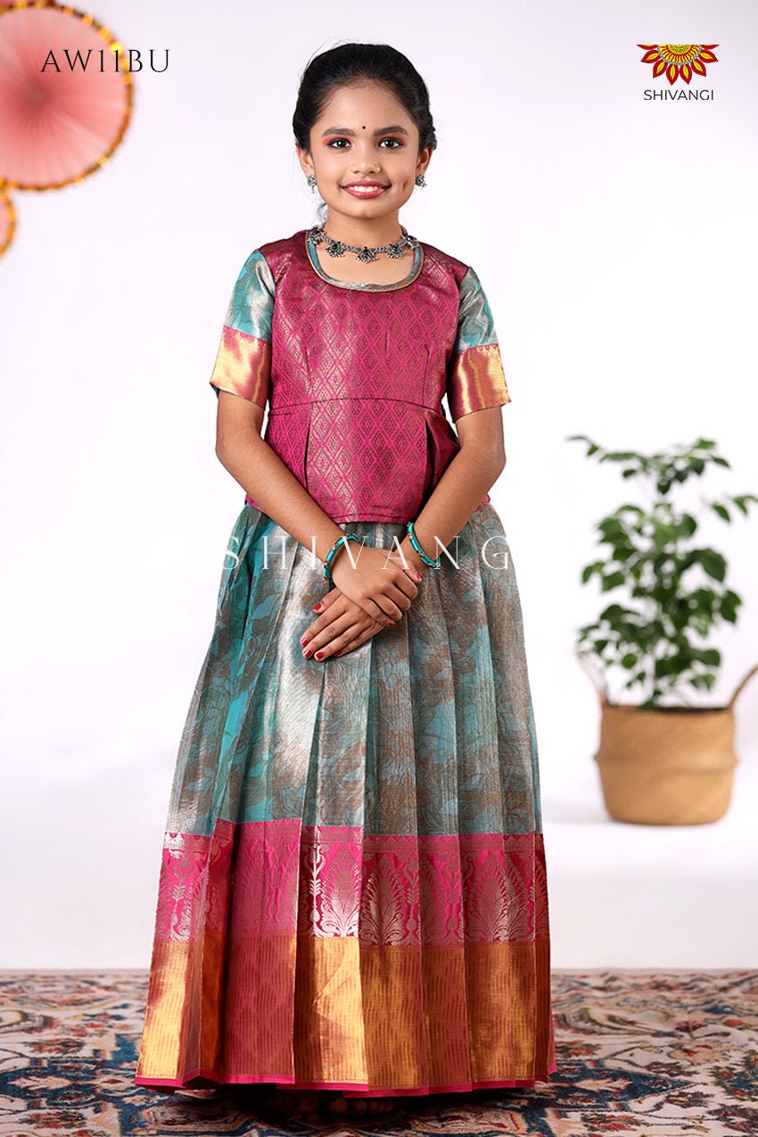 Girls Vintage Rose Pattu Pavadai in Blue Festive Wear - Etsy