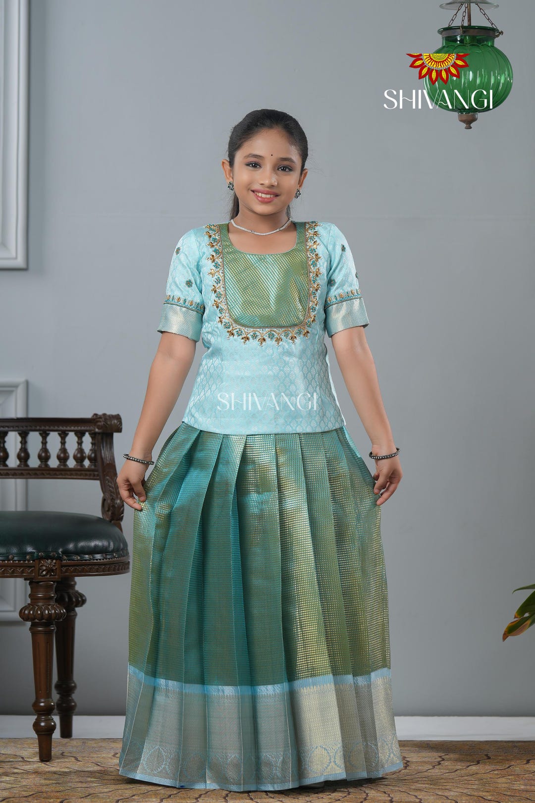 Shivangi Clothing Sky Blue Tissue Tiny Checks Pattu Pavadai for Girls ...