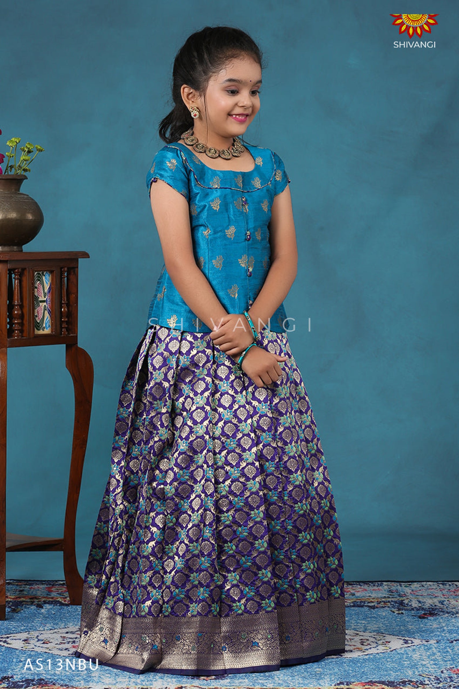Gypsum Navy Blue Pattu Pavadai for Kids - Etsy