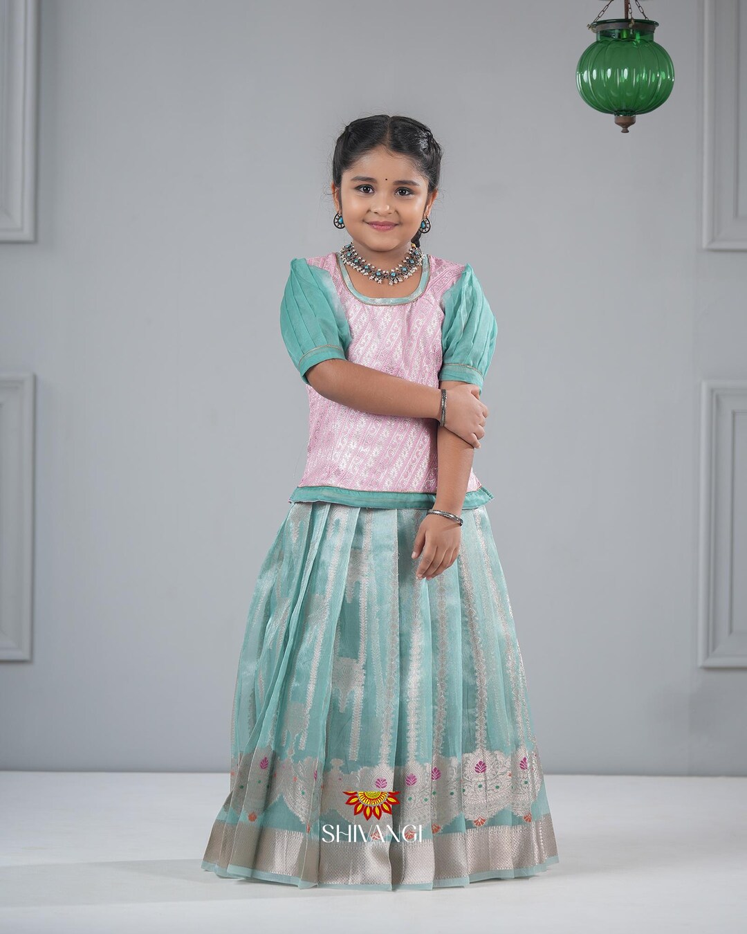 Shivangi Clothing Sky Blue Golden Necklace Traditional Pattu Pavadai - Etsy