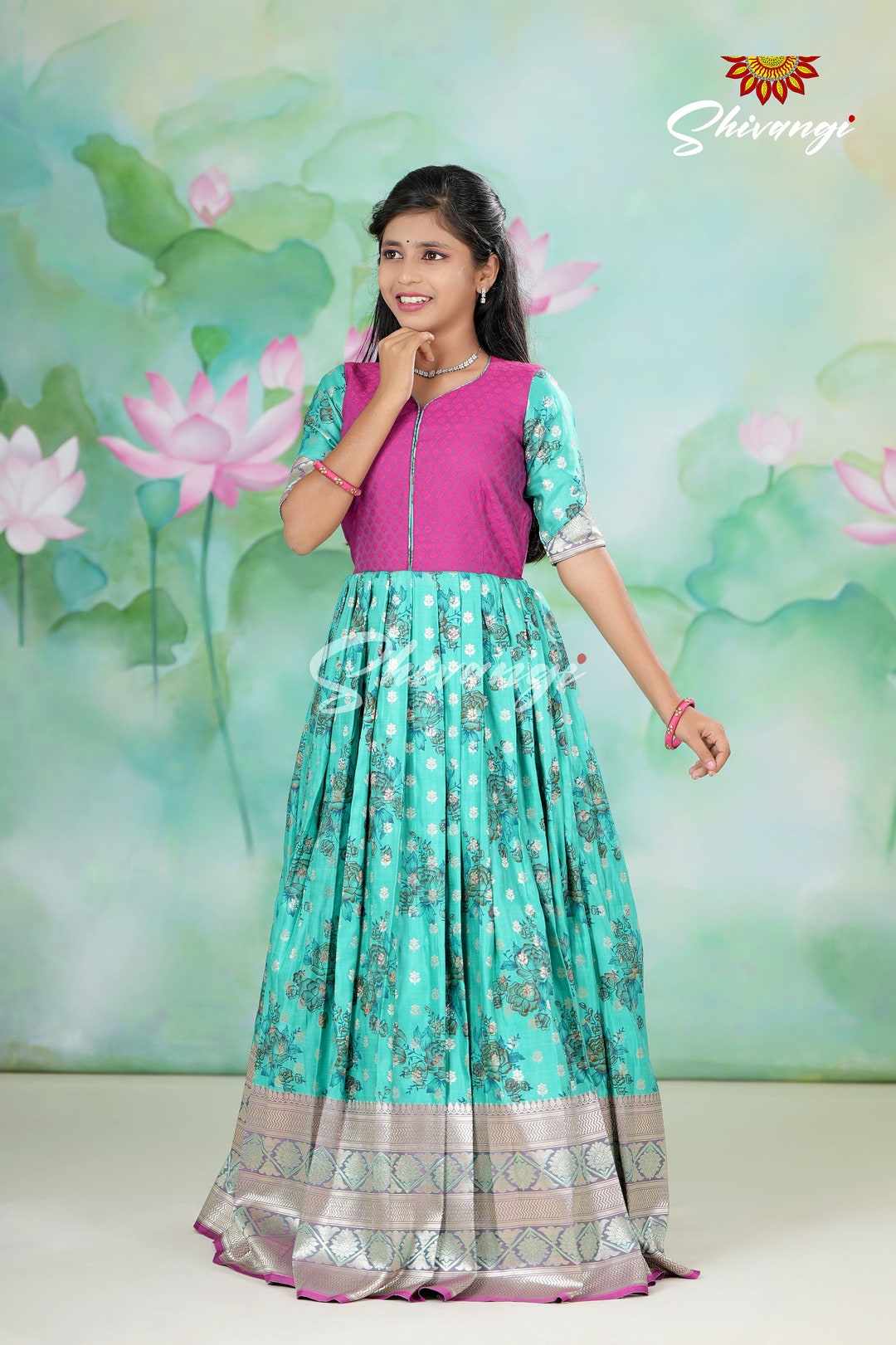Ramar Green Satin Rose Bunch Pattu Long Gown for Girls - Etsy
