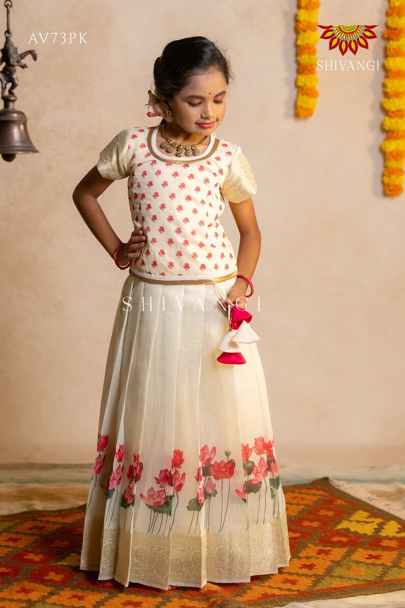 Onam Collection Half White Onam Pink Lotus Pattu Pavadai - Etsy