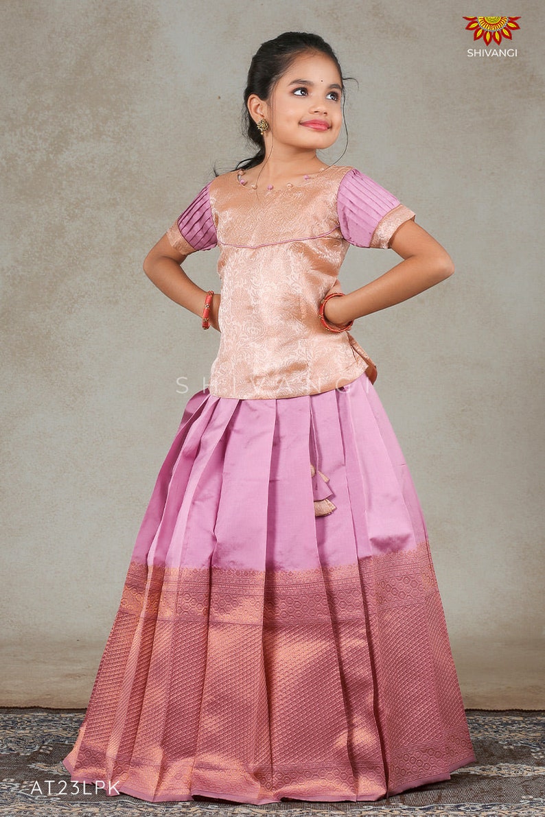 Shivangi Pink Metalic Honeycomb Pattu Pavadai for Girls - Etsy