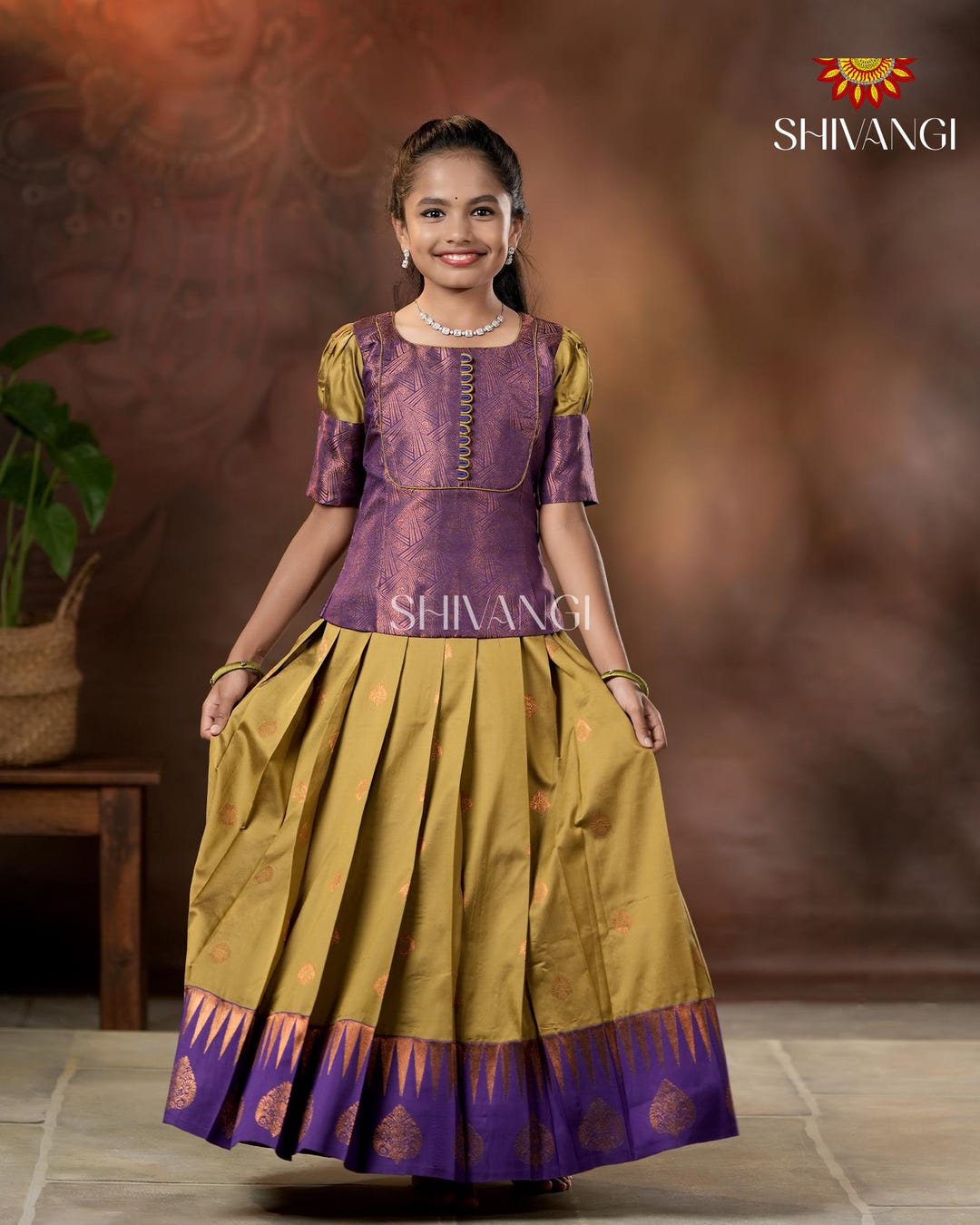 Shivangi Clothing Parrot Green Copper Magizham Pattu Pavadai for Girls ...