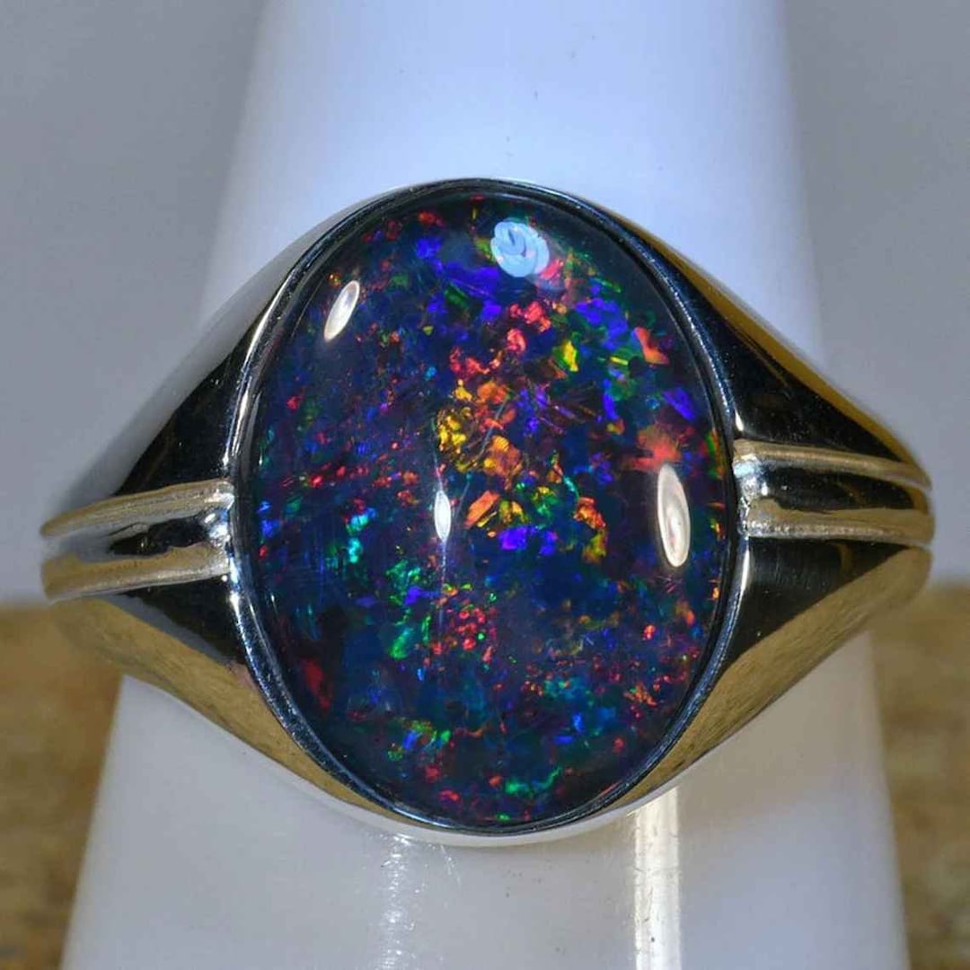 Black Opal Men's Wedding Ring, in 925 Sterling Silver, AAA Quality Opal ...