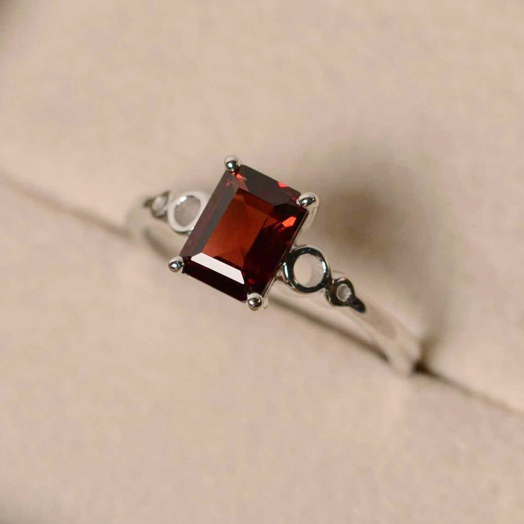 Emerald Cut Garnet Ring Sterling Silver Ring Brown Gemstone Engagement ...
