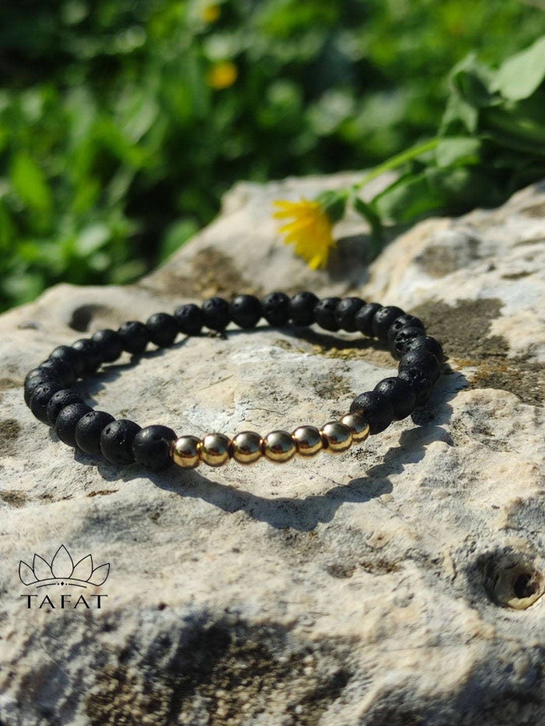 Black and Gold Handmade Bracelet.lava and 14K Gold Filled Beads ...