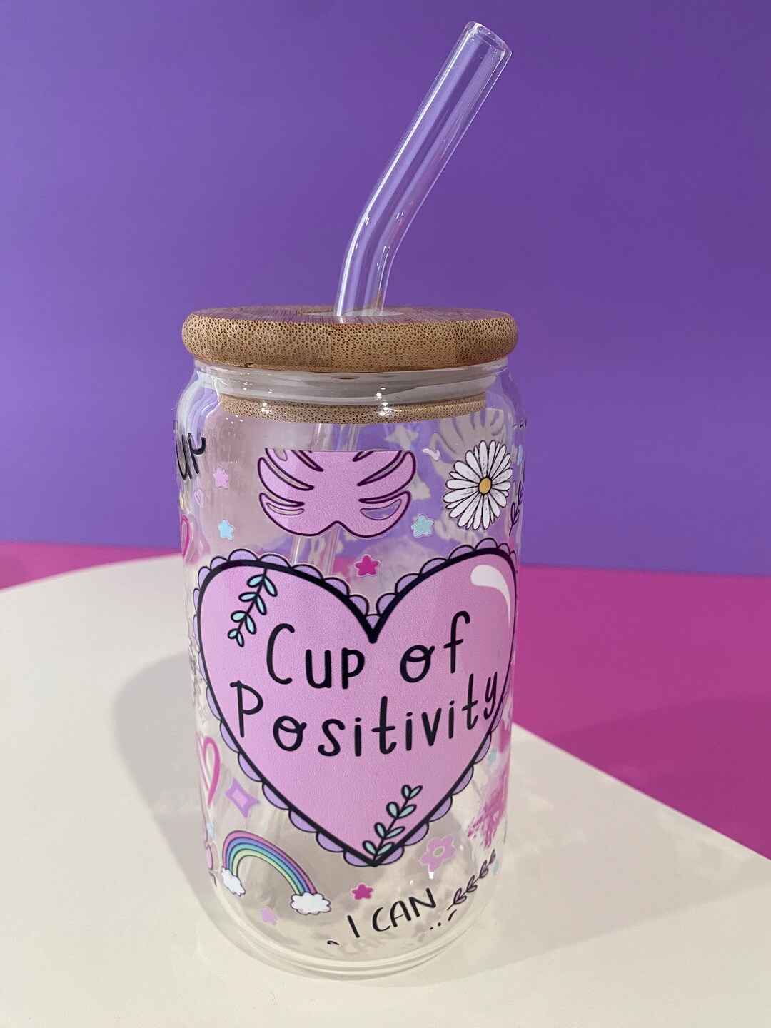 Positive Affirmations Themed Cup Bamboo Lid Glass Cup Libby Cup 16oz ...