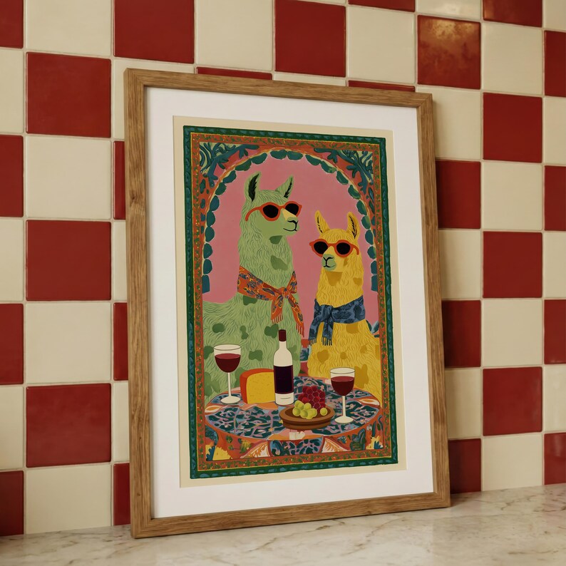 Llama Wine Art Print, Funny Animal Poster, Boho Kitchen Decor - Etsy
