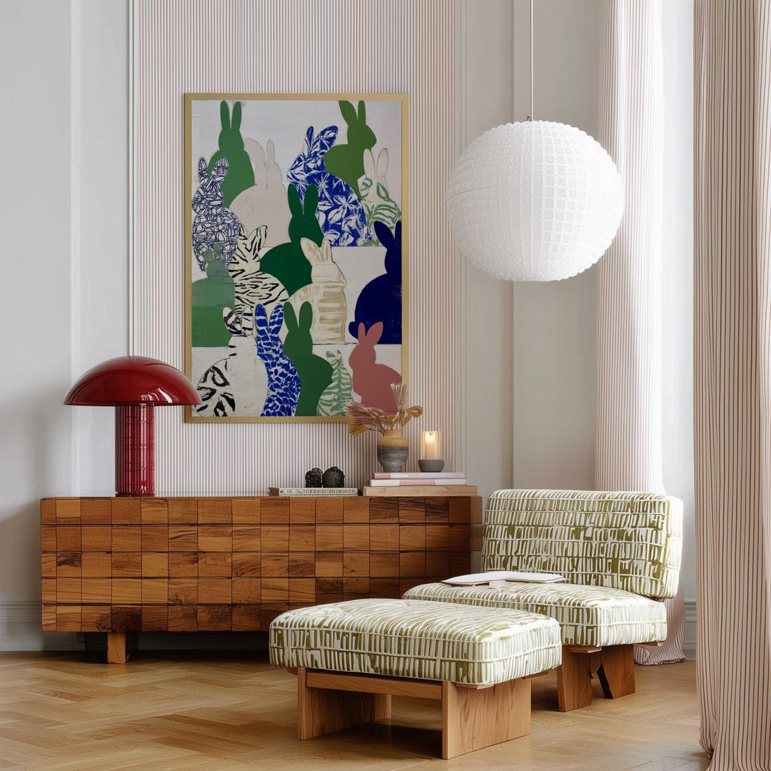 Patterned Bunny Group Art Print: Japandi Decor, Pastel Colors - Etsy
