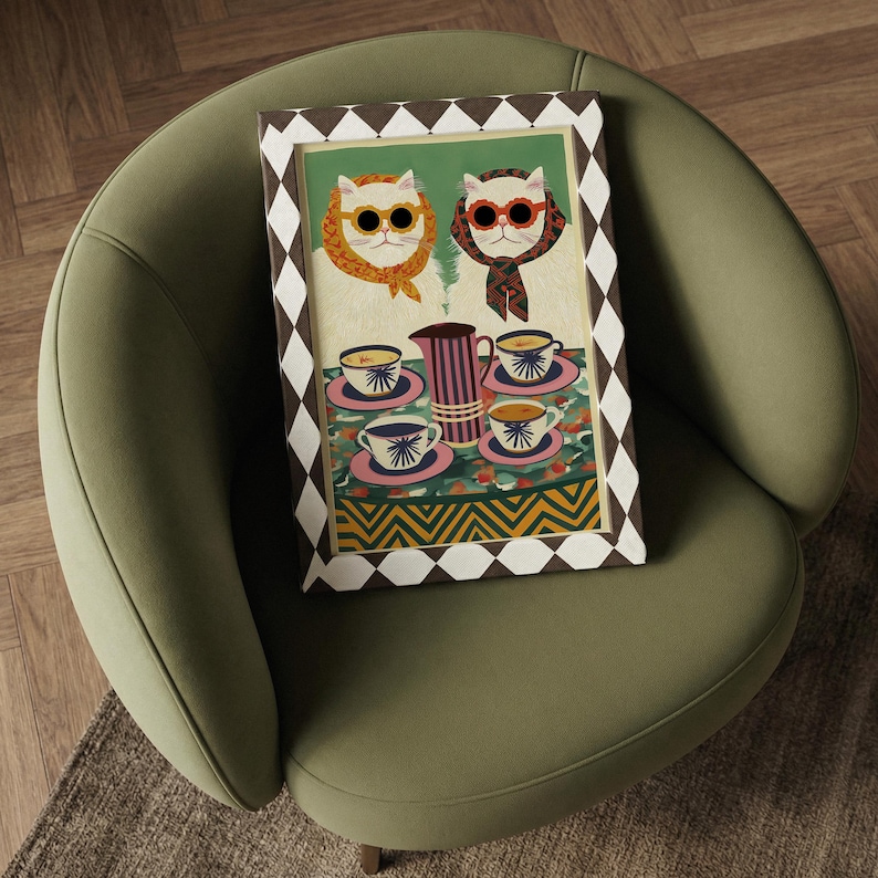 Coffee Cats Art Print, Retro Cat Kitchen Decor, Funny White Cat Tea ...