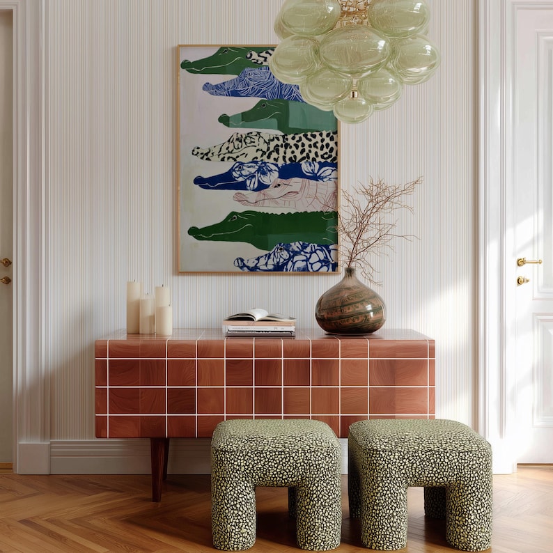 Wall Art Print, Japandi Alligator Poster, Green Blue Animal Artwork ...