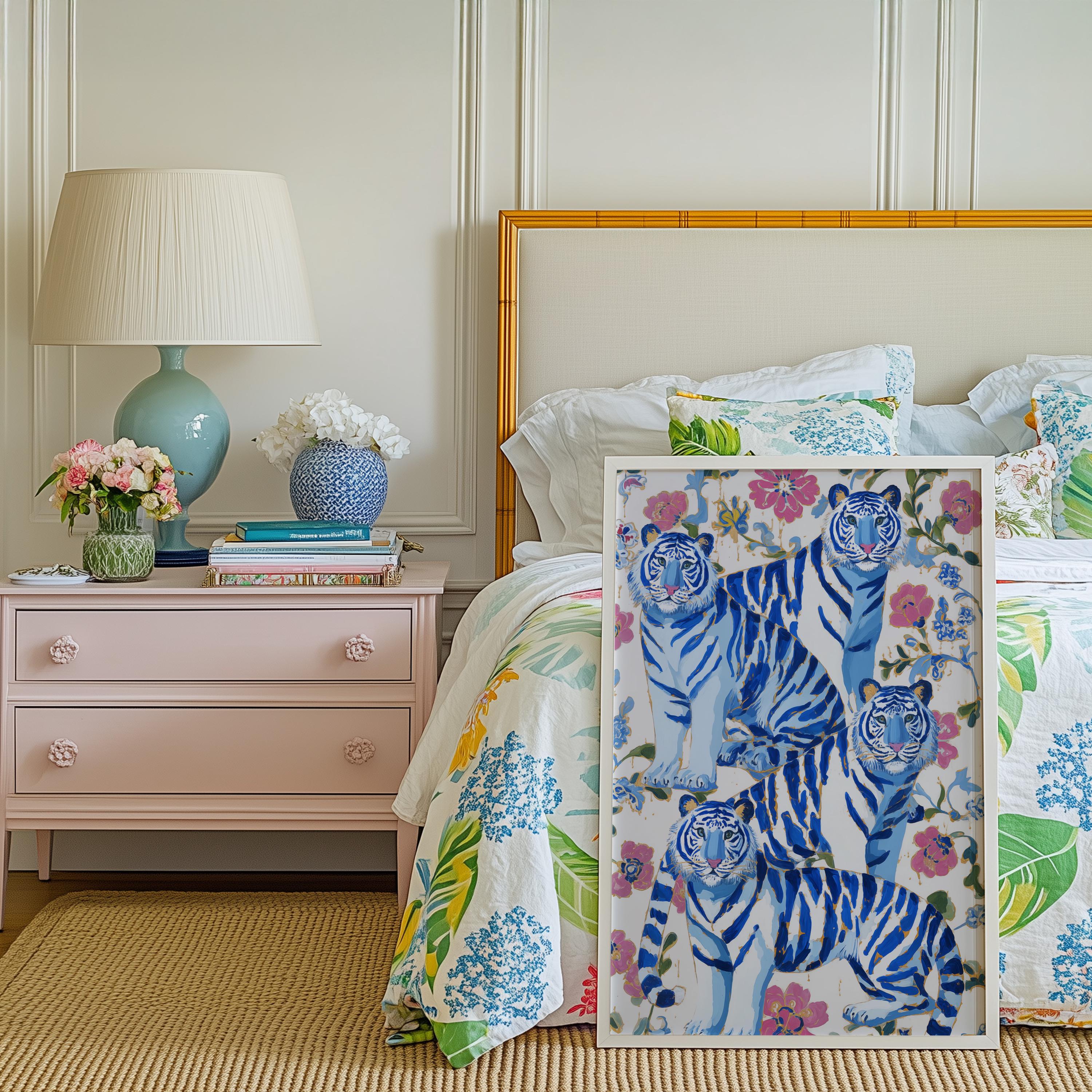 Blue Tiger Chinoiserie Art Print: Maximalist Floral Wall Decor - Etsy