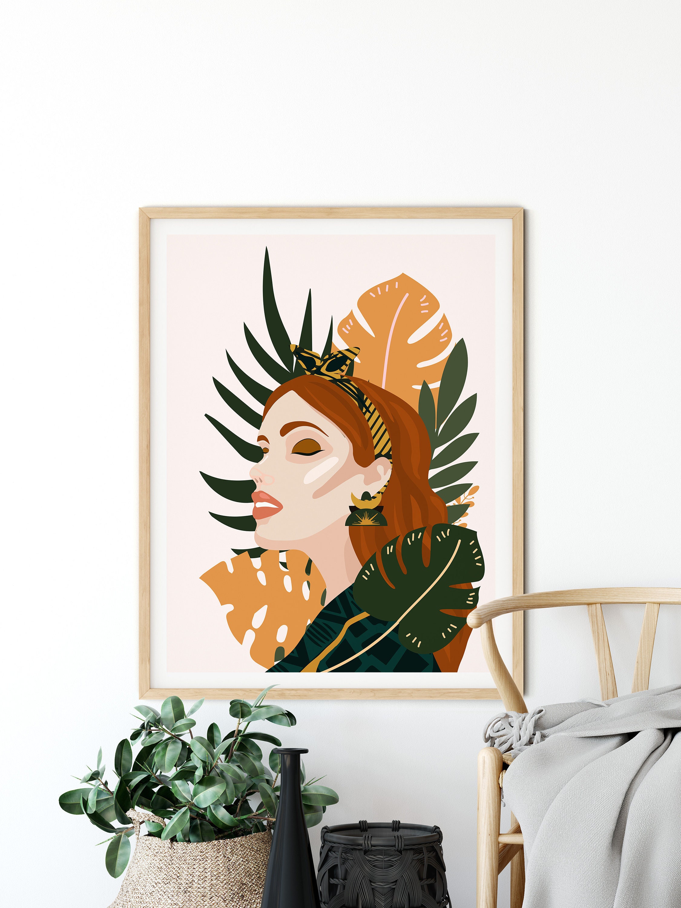 Mid Century Print Woman Portrait Boho Wall Decor Boho | Etsy