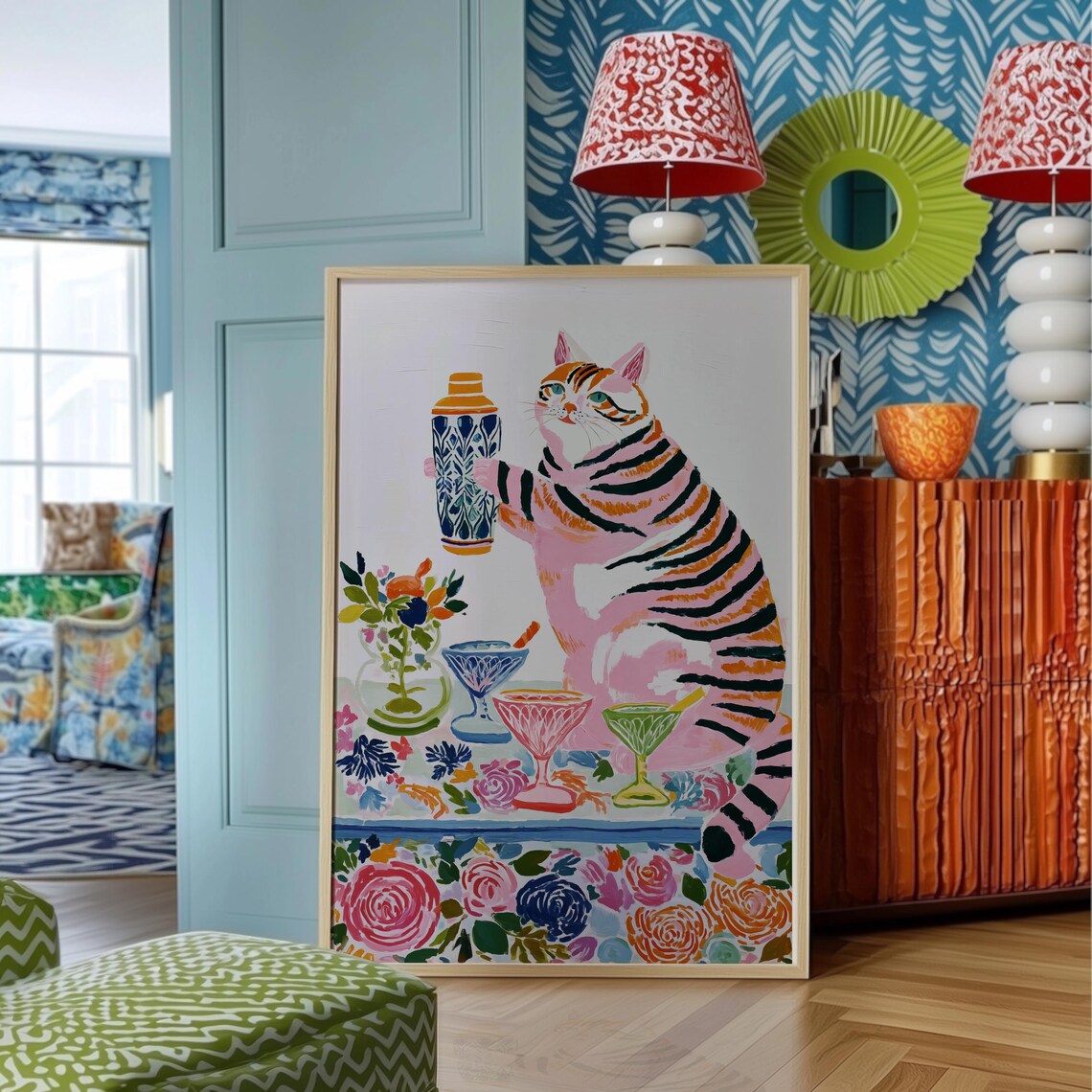 Stampa artistica di un gatto da cocktail: bar preppy, arte murale con ...