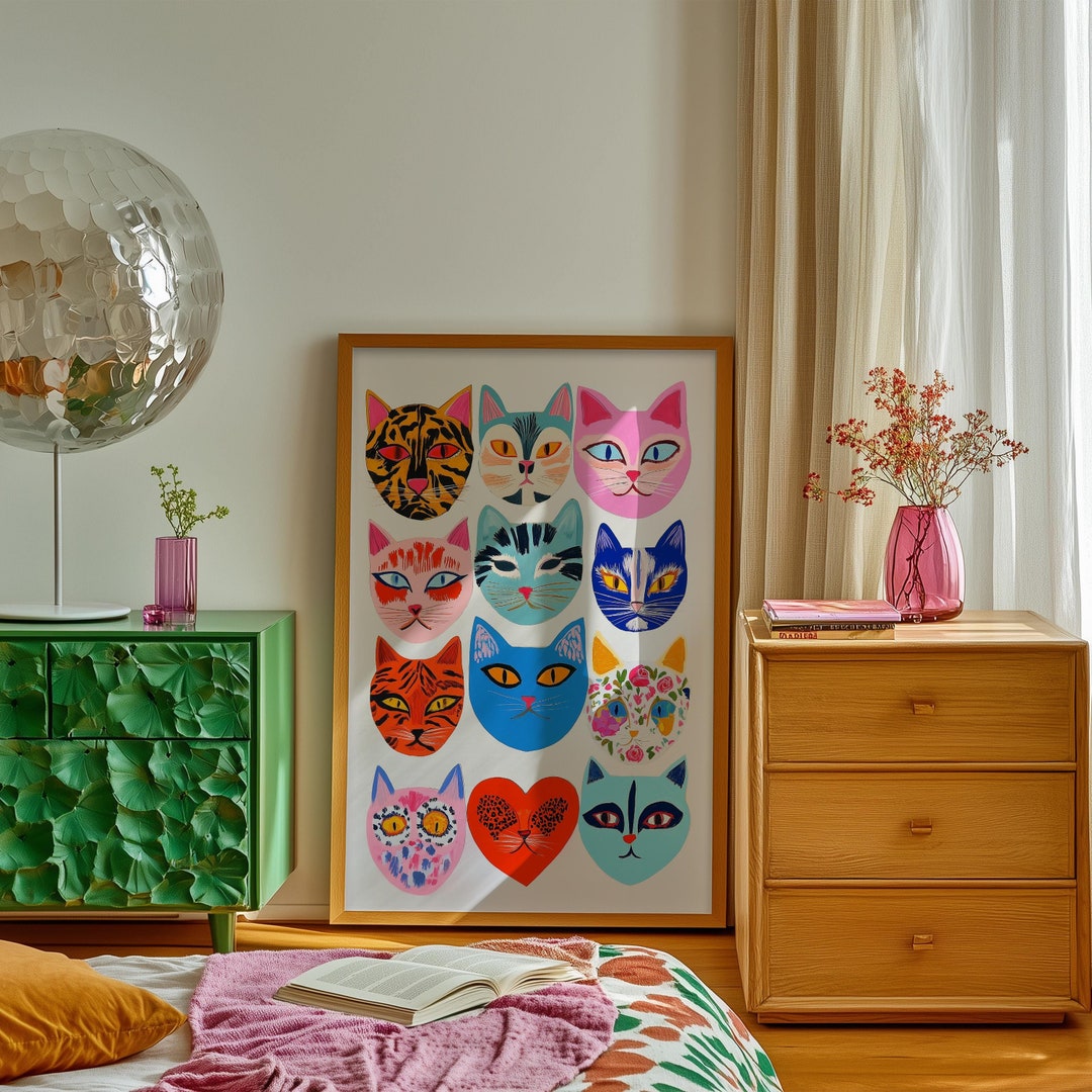 Eclectic Cat Faces Art Print: Colorful Maximalist Decor - Etsy