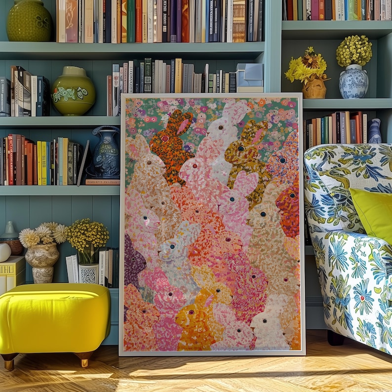 Bunny Wall Art: Colorful Rabbit Print, Preppy Bedroom Decor, Dopamine ...