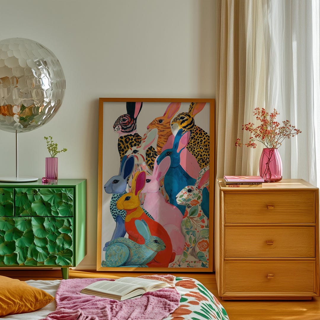 Colorful Rabbit Wall Art Print: Eclectic Maximalist Home Decor - Etsy