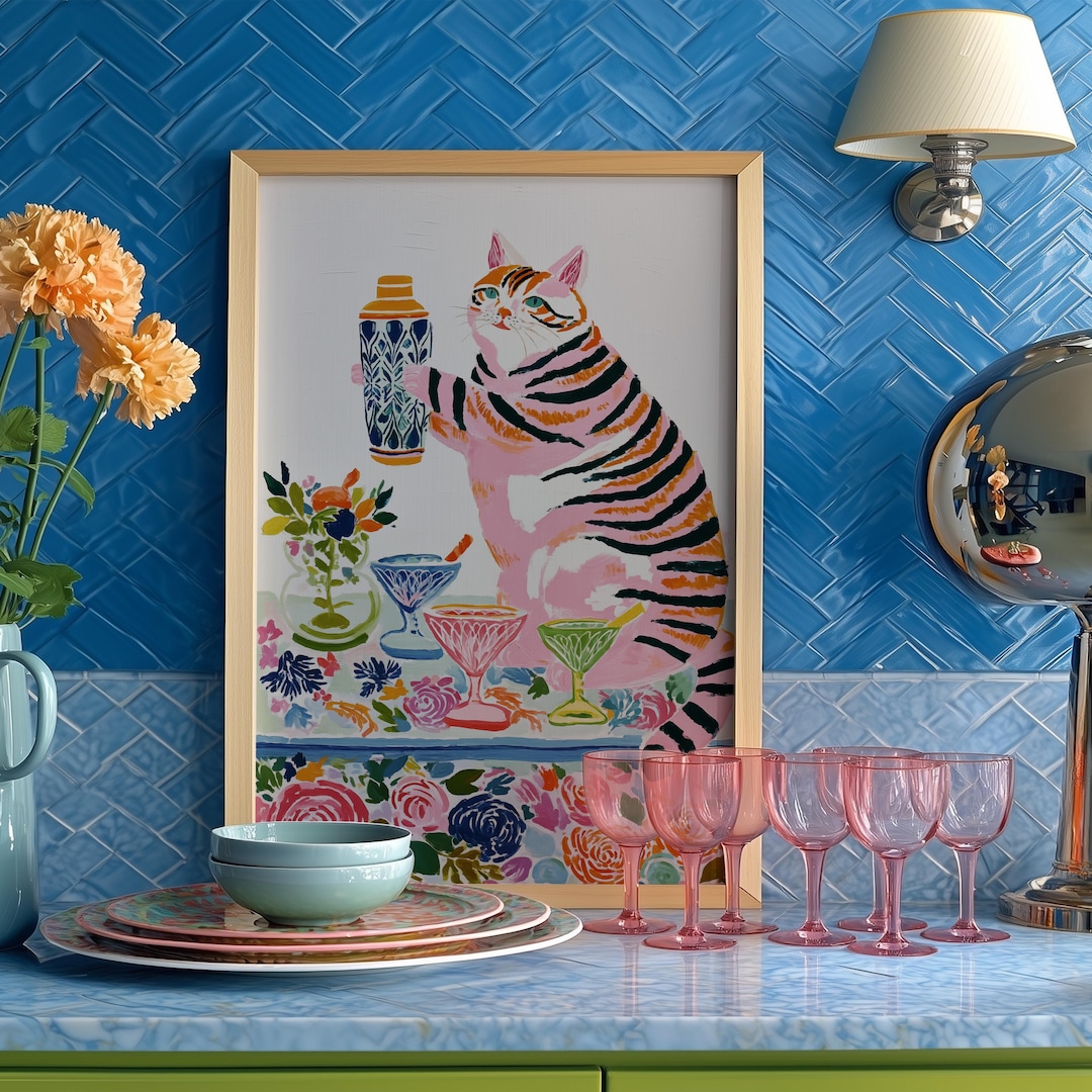 Stampa artistica di un gatto da cocktail: bar preppy, arte murale con ...