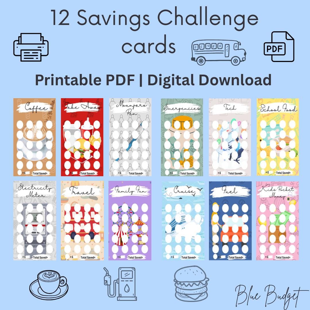 Printable Savings Challenge Cards: Budget Trackers (PDF Download A6 ...