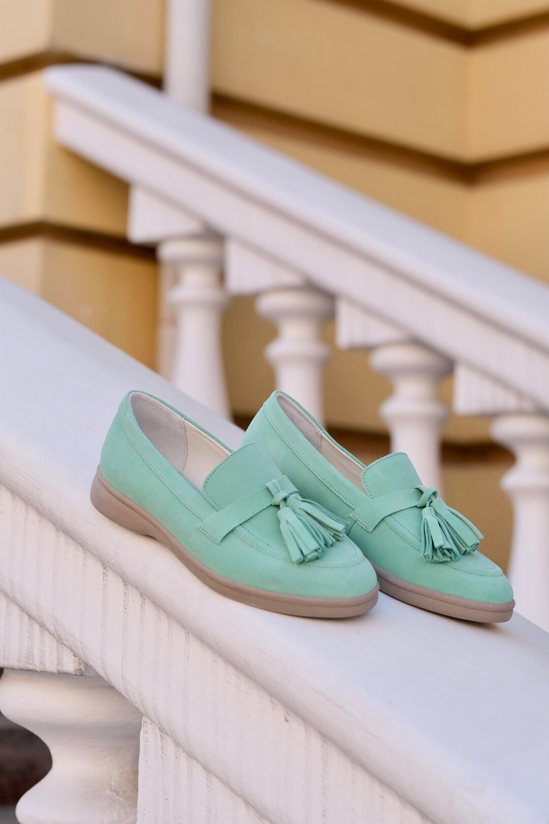Vintage Leather Woman Loafers, Mint Leather Sandals, Summer Shoes ...