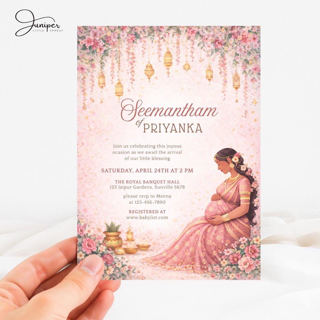 Indian Baby Shower Invitation, Hindu Seemantham Template, Pink Floral ...