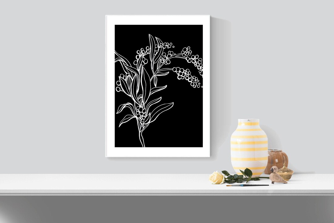 Australian Wattle Wall Art Black and White - Available in A4 (210 X ...