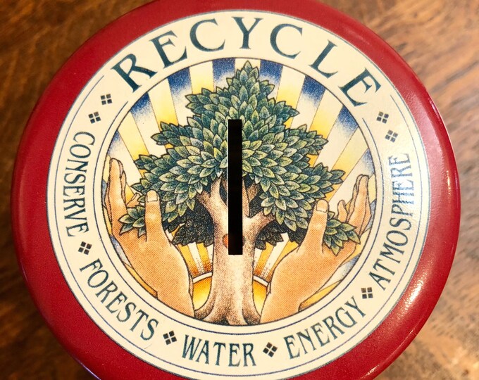 Storage Tin Money Bank Recycle Earth Day Trinket Keepsake Box Vintage ...