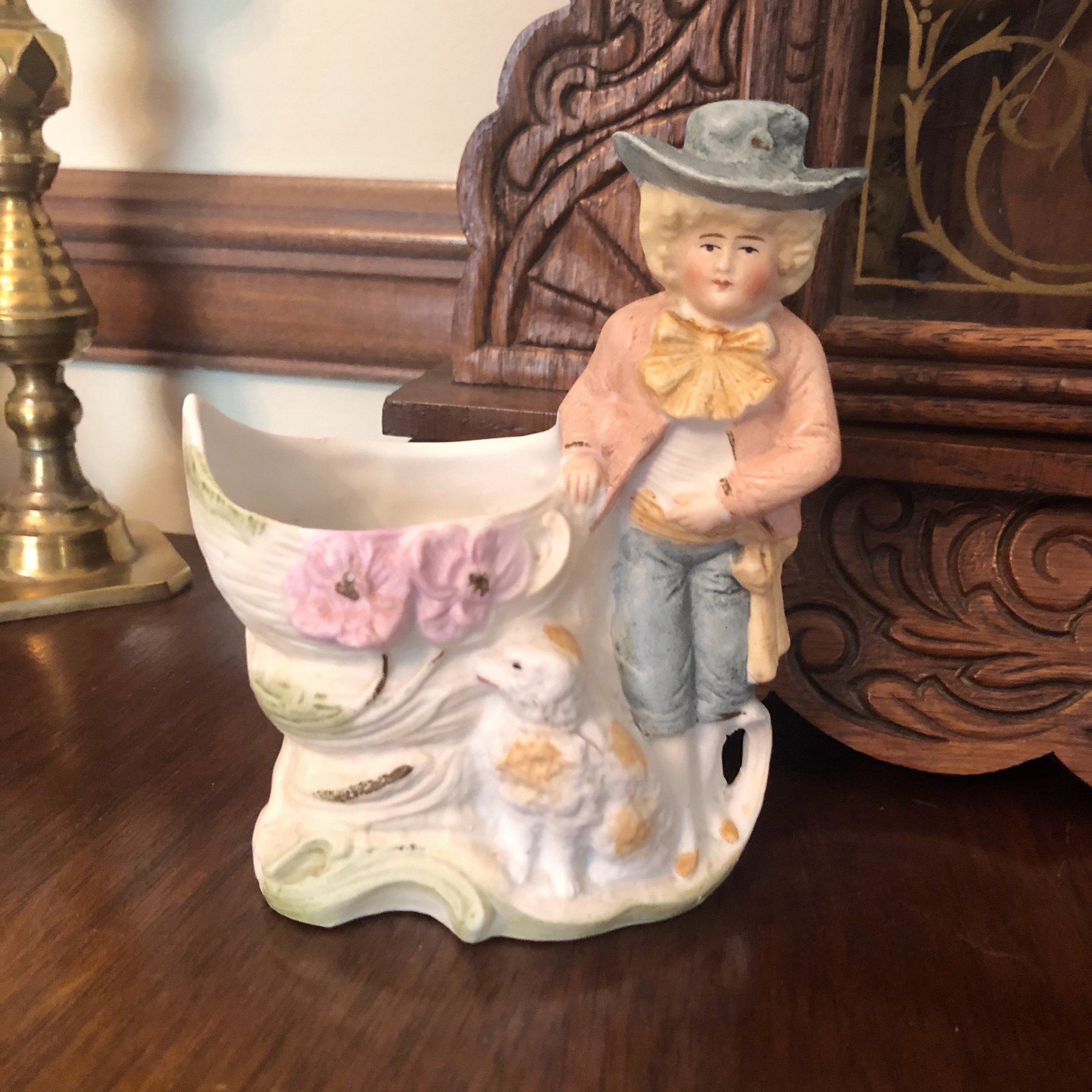 German Bisque Spill Vase Shell Boy With Dog French Country - Etsy