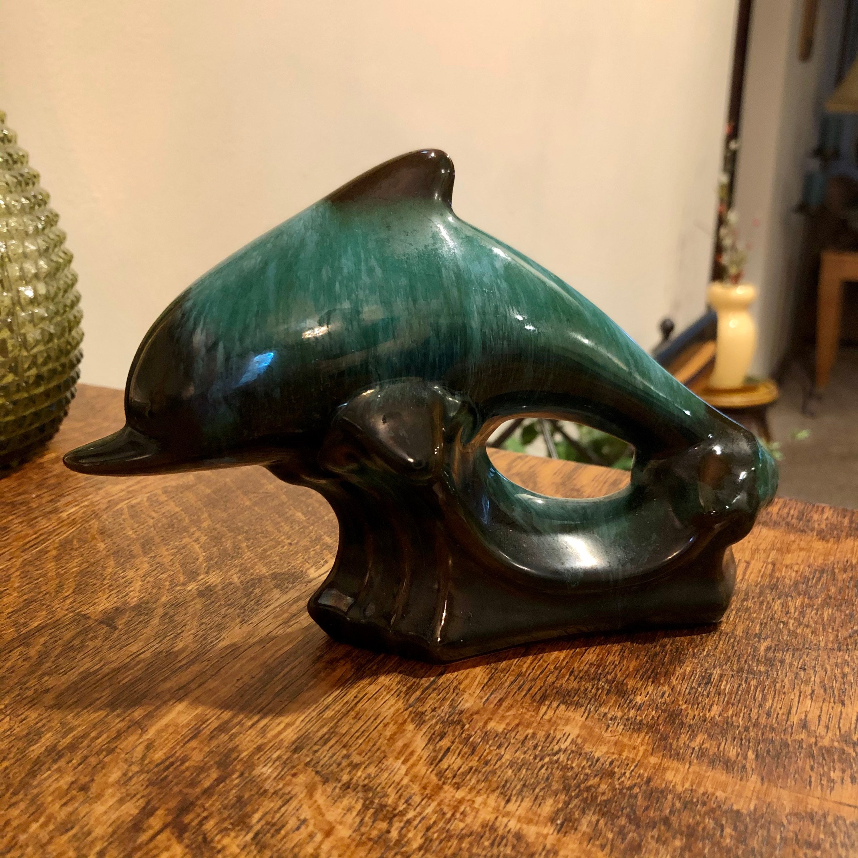 Vintage Pottery Blue Mountain Dolphin Green Drip Ware Mid - Etsy