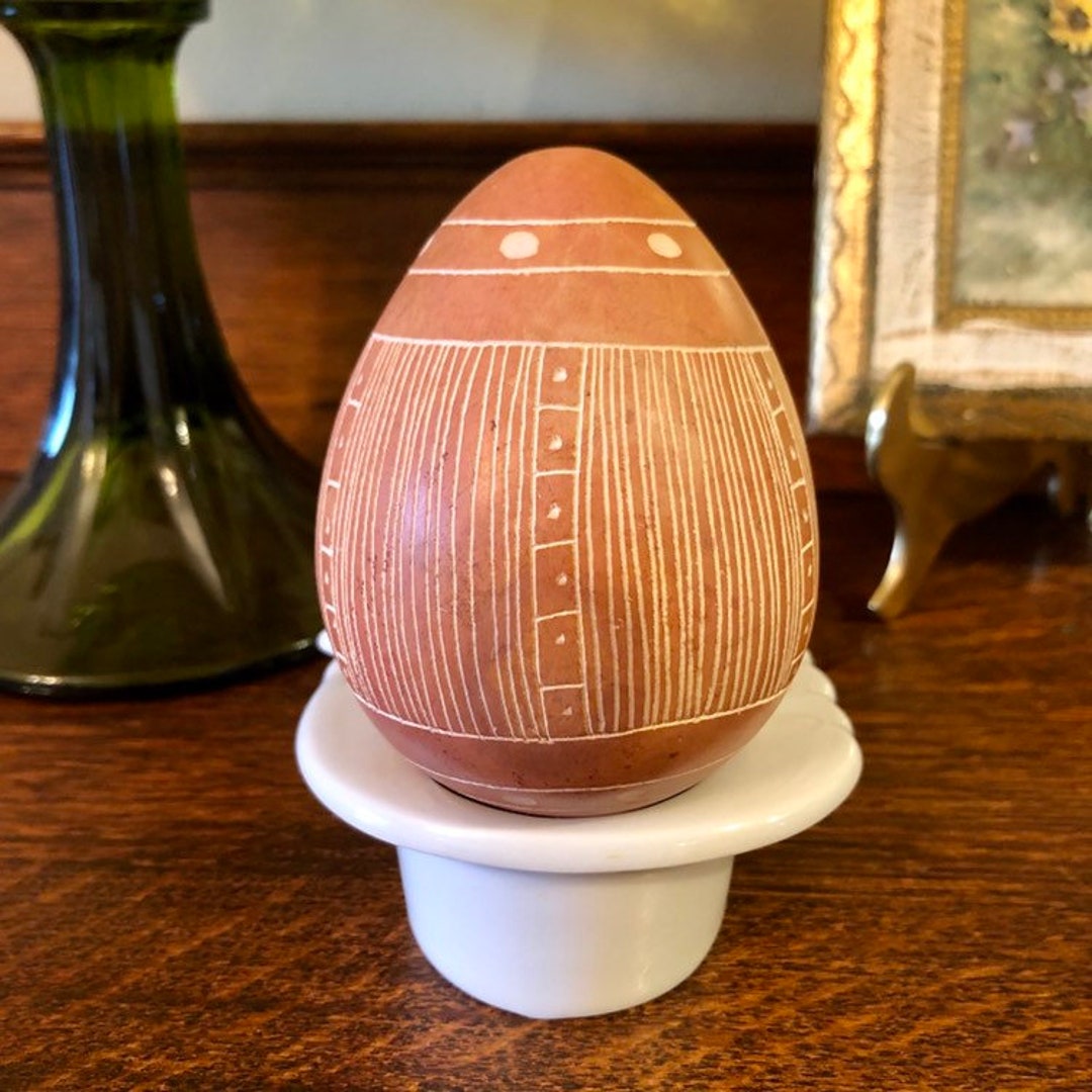 Carved African Egg Kenyan Hand Soapstone Peach Orange Sgraffito Design ...