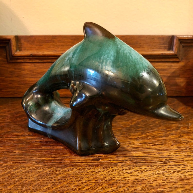 Vintage Pottery Blue Mountain Dolphin Green Drip Ware Mid - Etsy