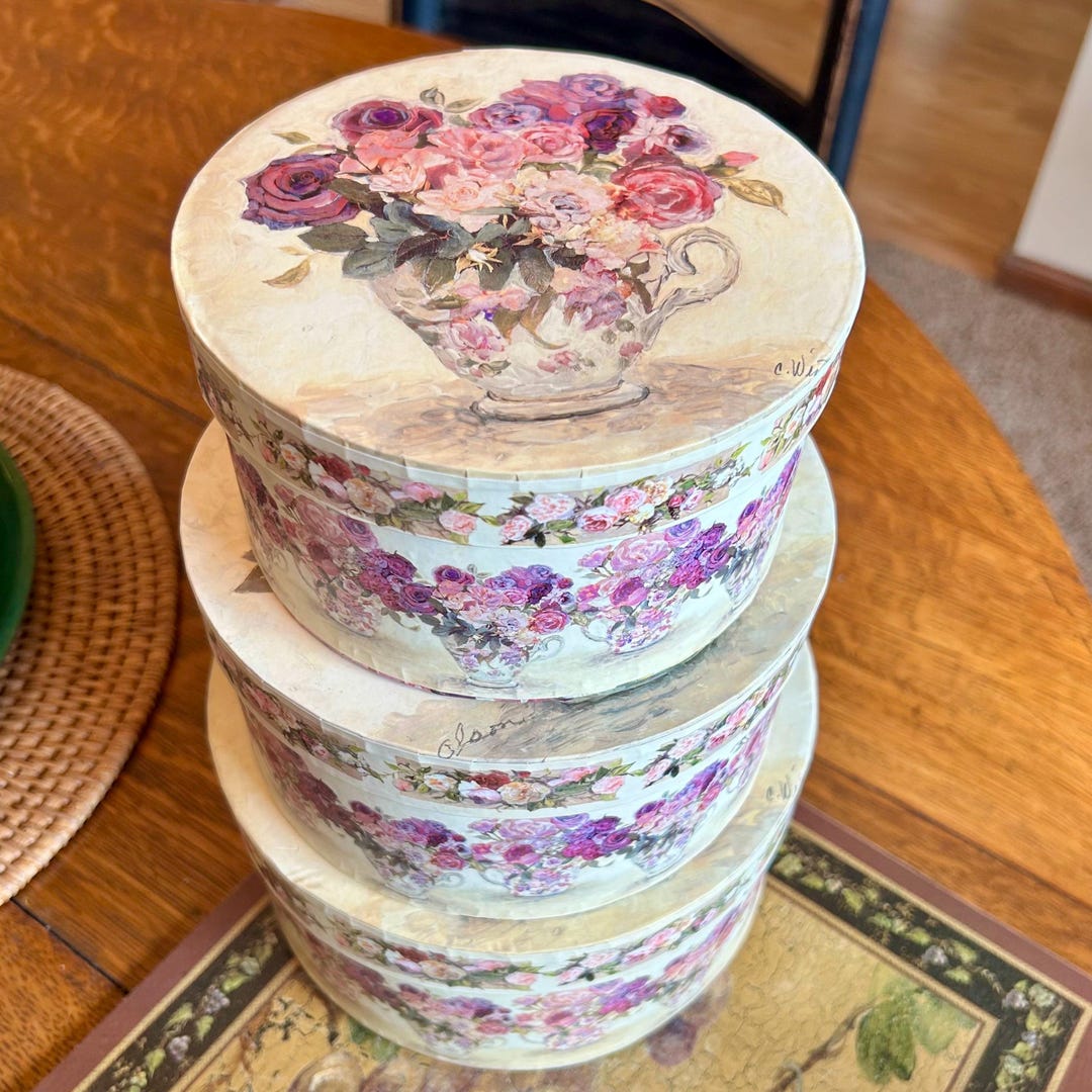 Charlene Olson Stacking Hat Boxes Set of Three Nesting Decorative Floral Storage Boxes Vintage ...