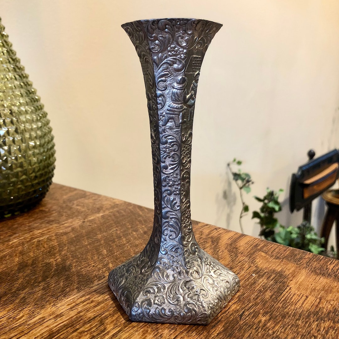 Vintage Repoussé Bud Vase: Dutch Scenes, Silver Tone Metal, Mid Century ...