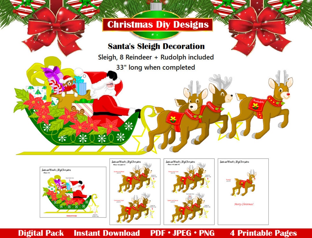 Reindeer Sleigh Decoration Printable Reindeer Sleigh Decoration, Santa ...